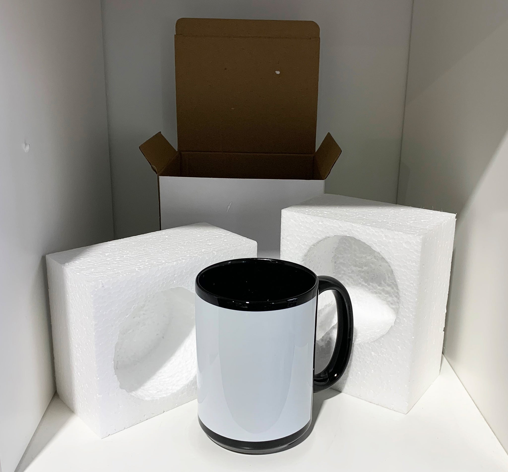 24 Pack -15 once black mugs with white strip with reinforced foam box ...